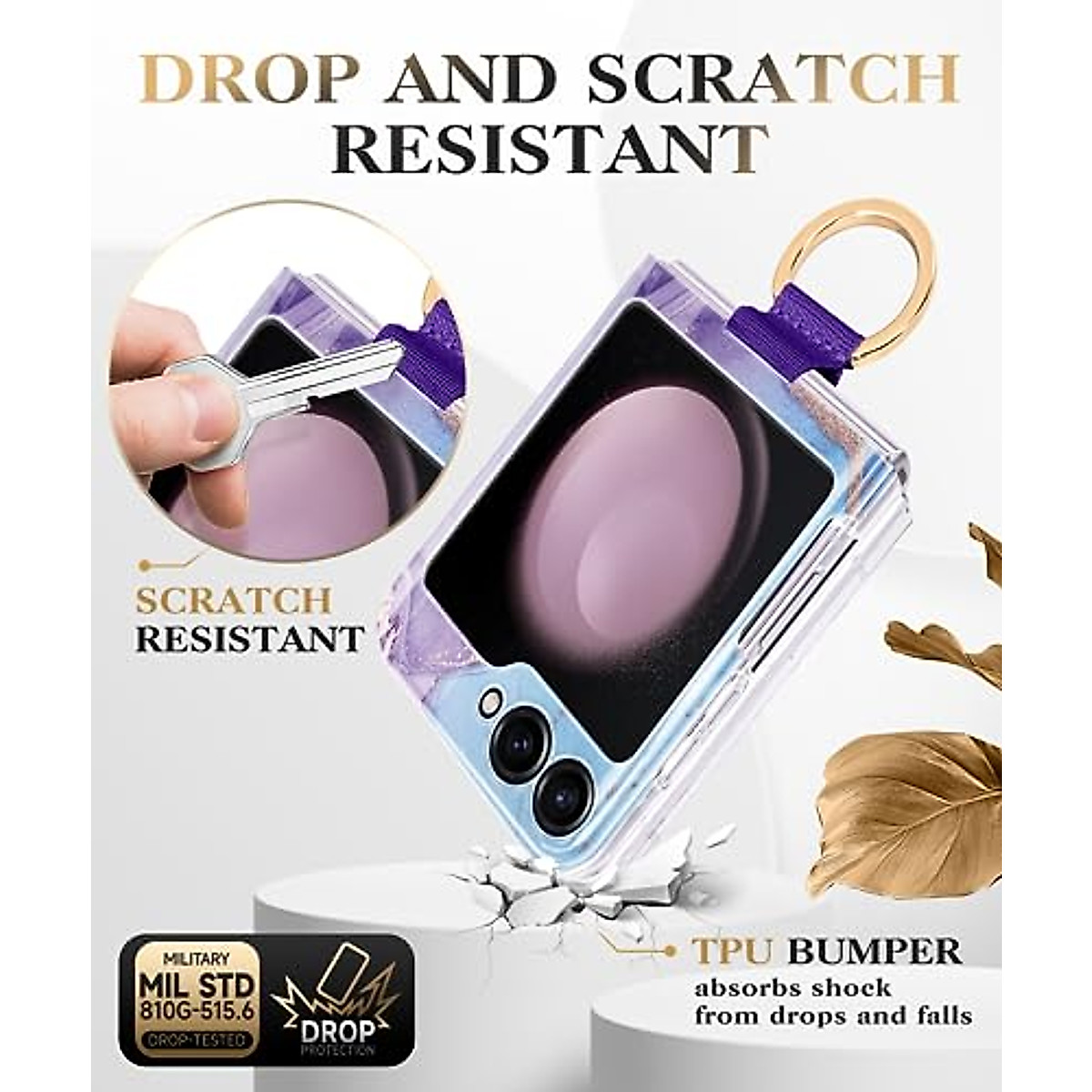 Vowodu Marble Case for Samsung Galaxy Z Flip 5 Case with Ring, [Precise Camera Protection]+[1*Screen Protector], Wireless Charging Anti-Scratch Shockproof Case for Z Flip 5 5G (Blue Purple)