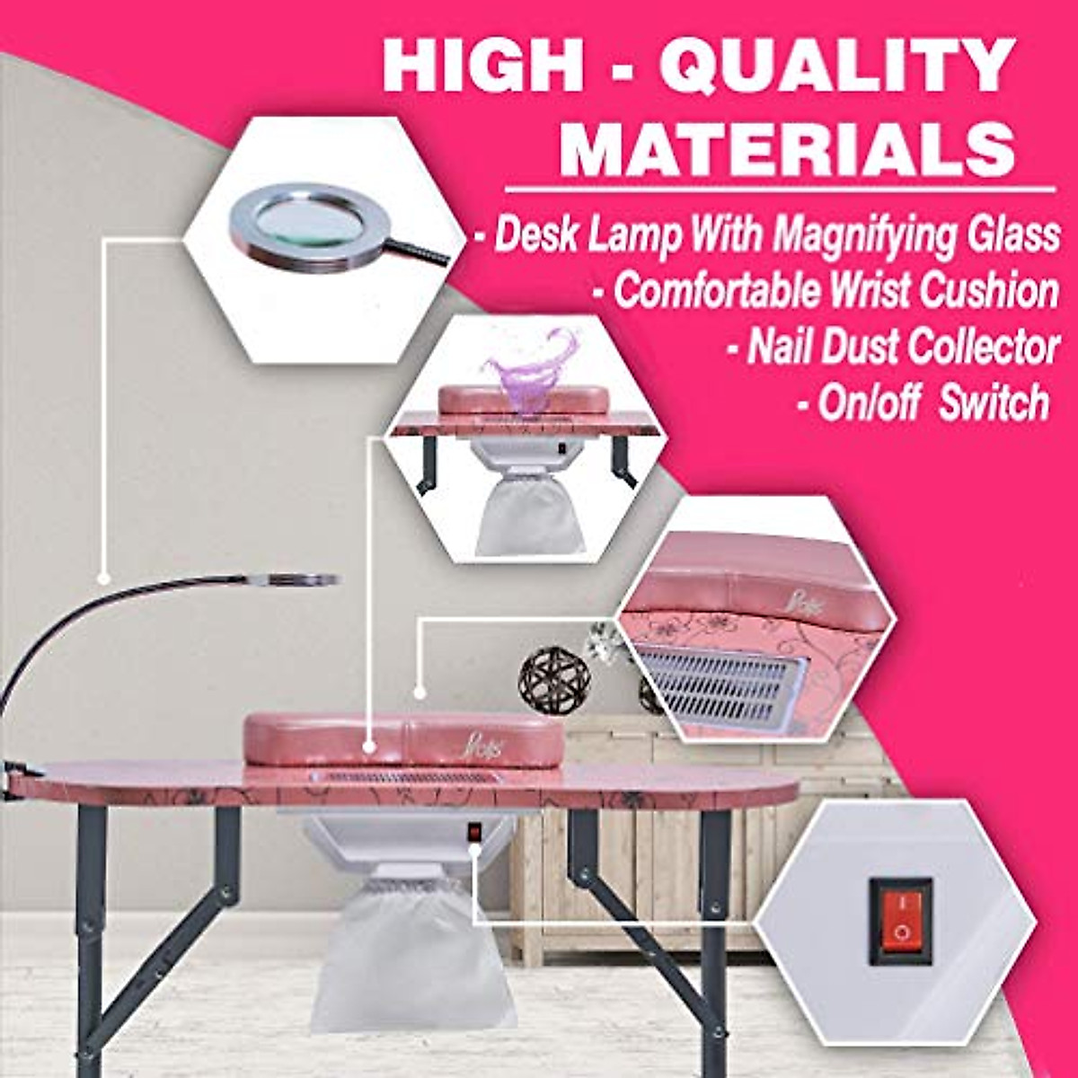 Portable Nail Table for Technician with Folding Function. Manicures Desk Perfect for Both Salon and Home with dust Collector Fan, and Magnifying Glass lamp (Pink)