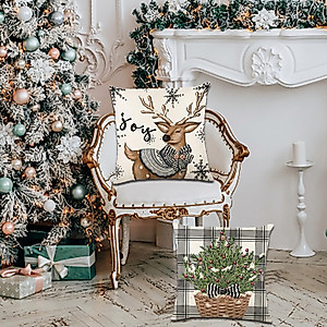 Mencly Christmas Pillow Covers 18 x 18 Inch Set of 4, Grey Buffalo Plaid Christmas Throw Pillow Covers Xmas Decorations Deer Tree Snowman Holiday Decorative Couch Cushion Cases Home Party Sofa Decor