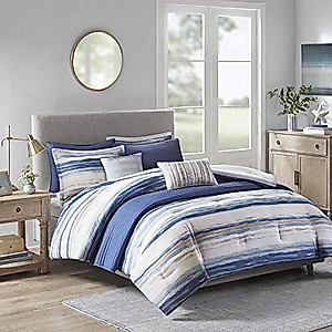 Madison Park Marina Comforter Quilt Combo Set - Modern Luxury Design, All Season Down Alternative Bedding, Matching Shams, Decorative Pillows, King/Cal King(104"x92") Seersucker Blue 8 Piece