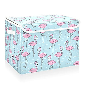 CaTaKu Flamingo Blue Cute Storage Bins with Lids Fabric Large Storage Container Cube Basket with Handle Decorative Storage Boxes for Organizing Clothes Shelves