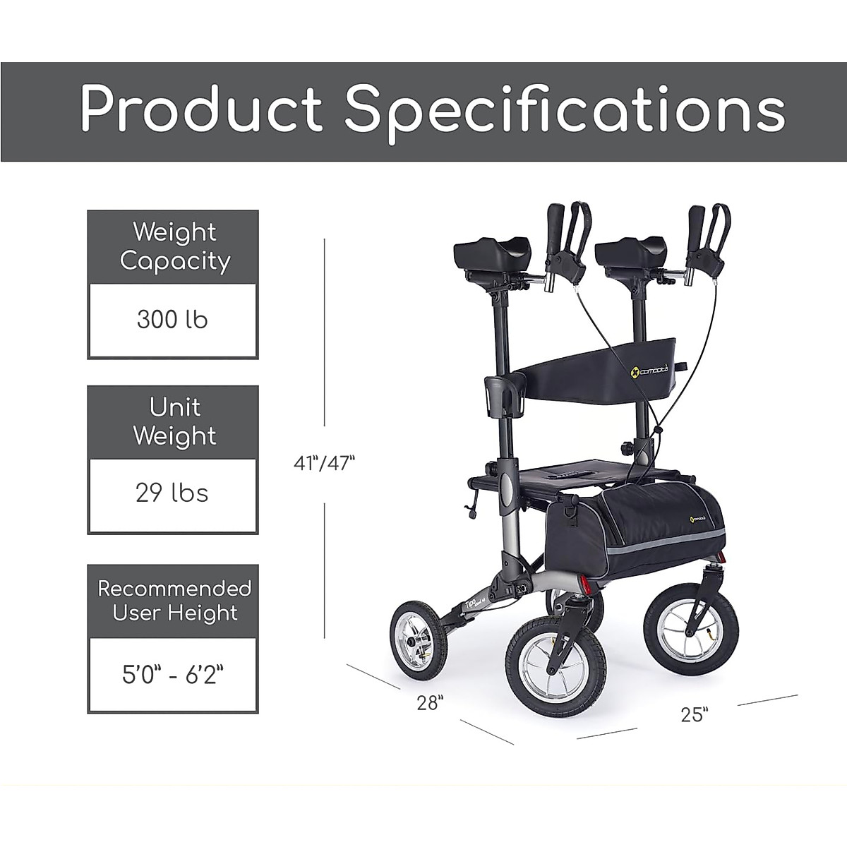 Comodità Tipo Stand Up Advance All Terrain Upright Rollator Walker with Seat and Pneumatic Tires, 4 Wheel Folding Rolling Walker for Adults and Seniors with Cup and Cane Holder, Modena Red