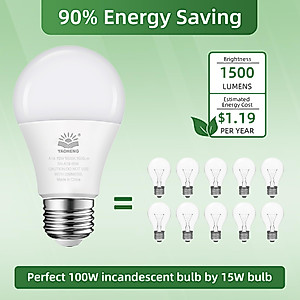 YAOHENG A19 LED Light Bulb, 100 Watt Equivalent LED Bulbs, 5000K Daylight White, 1500 Lumens, Standard E26 Base, Non-Dimmable 15W Super Bright Light Bulbs for Home, Office Lamp, ETL Listed(4-Pack)