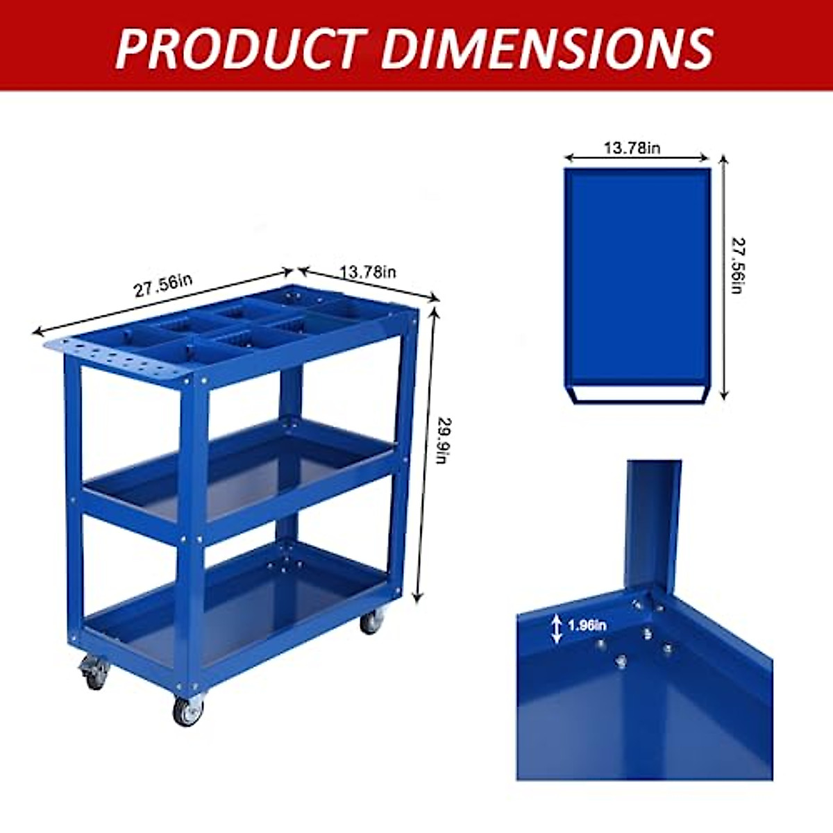 3-Tier Rolling Tool Cart, 330 LBS Capacity Heavy Duty Service Cart with Handle & Lockable Wheels, Rolling Trolley Storage Organizer with Adjustable Dividers, for Warehouse Garage