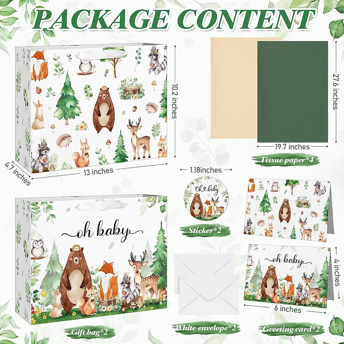 Buryeah 2 Pack 13" Large Baby Gift Bags with Tissue Paper Greeting Cards, Woodland Animal Paper Gift Wrap Bag with Handles and Envelopes for Baby Shower Kids Birthday Party