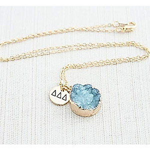 Sorority Shop DDD Necklace - Delta Delta Delta Light Blue Druzy Gemstone Necklace With Engraved Pendant – 14K Gold Dipped Jewelry with Light Blue Gemstone – Sorority Gift, Charm Paraphernalia