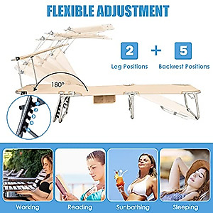 GYMAX Tanning Chair, Beach Lounge Chair with Canopy Sunshade, Carry Handle & Pocket, 5 Level Adjustable Layout Chaise Lounge for Outside, Folding Sunbath Chair for Outdoor, Patio, Poolside (1, Sand)