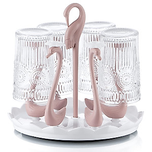 MOLIGOU Cup Drying Rack, Mug Dryer Rack with Drip Tray, Rotating Bottle Drying Stand Holder for Kitchen Counter, 6 Holders (Pink Swan)