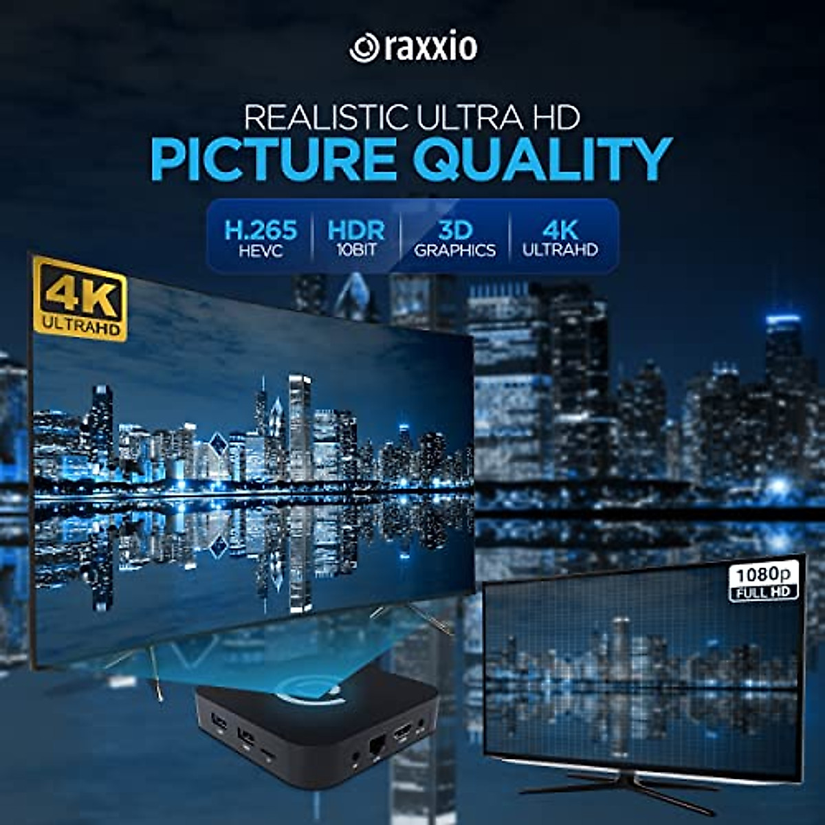 Raxxio Android TV Box - RAX2100 Android 9.0, Ultra HD 4K 75fps, 4 GB RAM, 64 GB ROM, WiFi 2.4G + 5G, USB 3.0, and Bluetooth 4.1 Enabled Smart Android Box with HDMI Cable and Bluetooth Remote Control