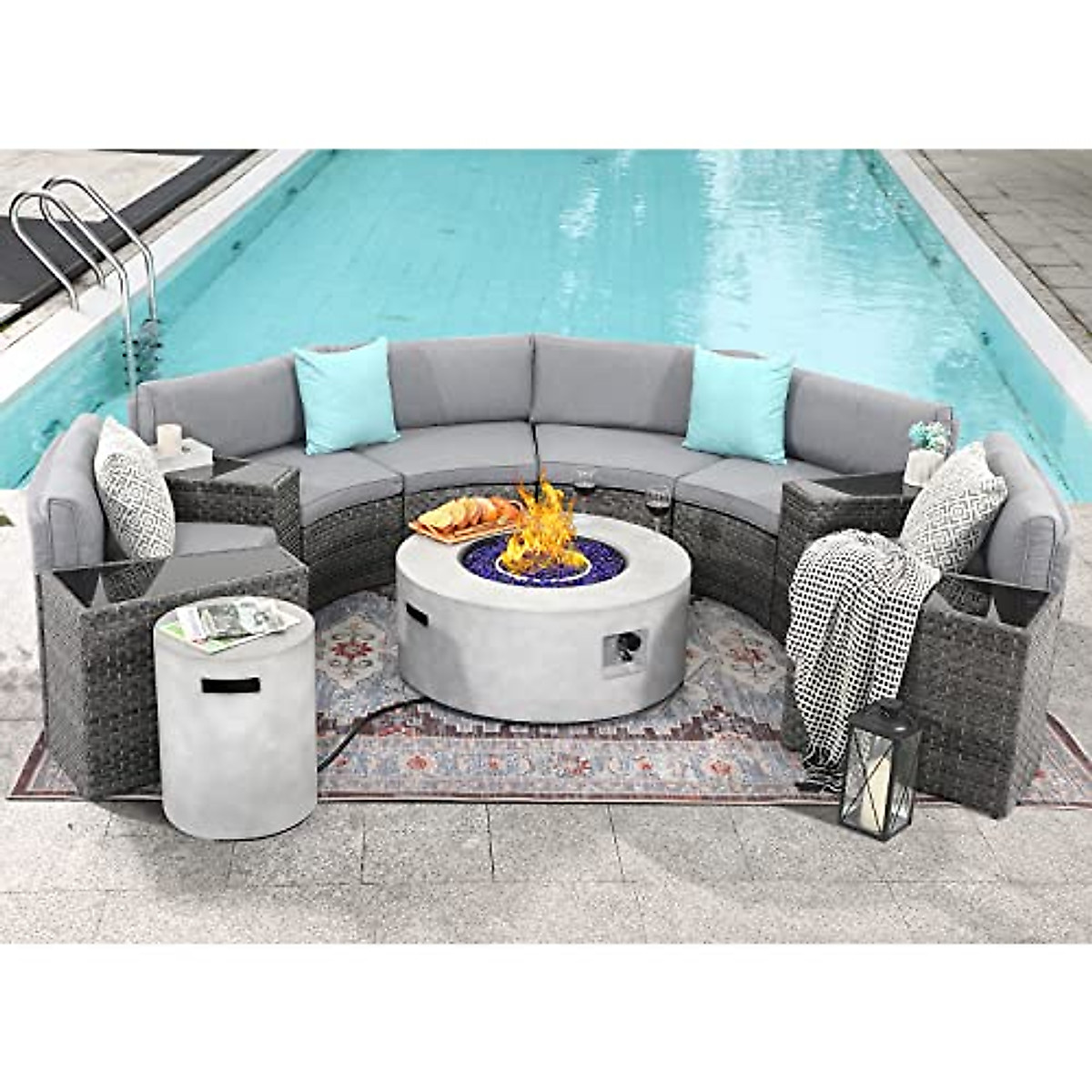 SUNSITT Outdoor 36’’ Propane Fire Pit with Tank Table 50,000 BTU Round Patio Propane Firepit Table with Tank Holder, Pit Cover, Metal Lid & Fire Glass, Grey Finish