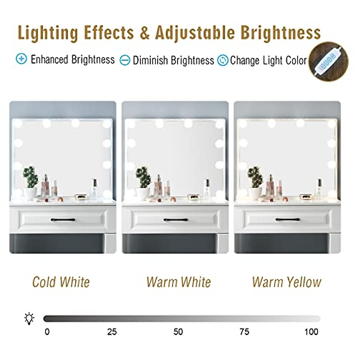 Buildonely Vanity Set with Dimmable LED Light Bulbs and 4 Large Capacity Drawers, Vanity Desk with Mirror and Lights for Makeup, Hair, and Skin Care, Vanity Table for Dressing Room and Bedroom