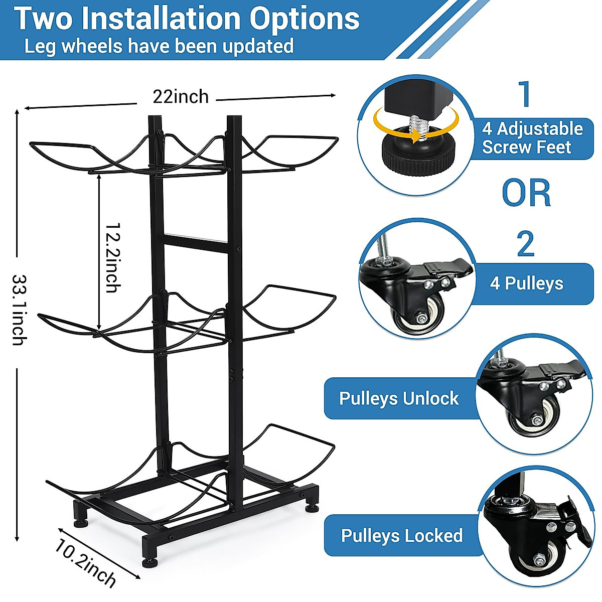 5 Gallon Water Bottle Holder with 4 Wheels, Heavy Duty Foldable Water Jug Stand 3-Tier Movable 5 Gallon Water Jug Holder Water Dispenser Rack for 6 Bottles, Black