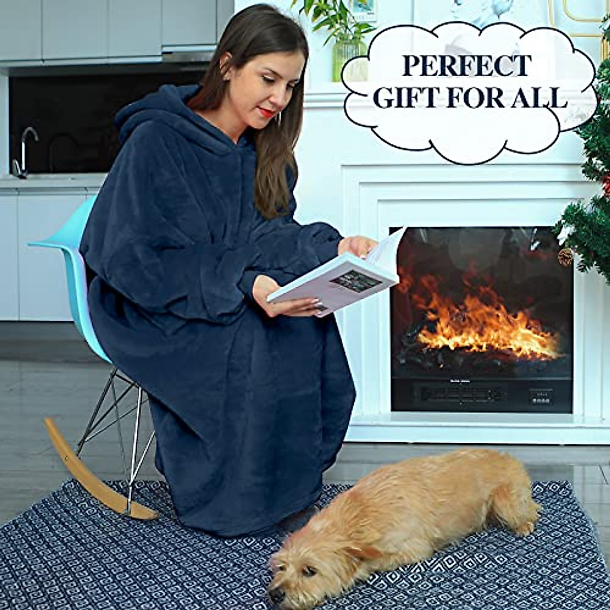 Lengthened Oversized Blanket Hoodie Wearable Blanket Sweatshirt Women - Navy Blue Hoodie Blanket Hooded Blanket Women and Men, Super Warm Blanket Sleeves and Giant Pocket