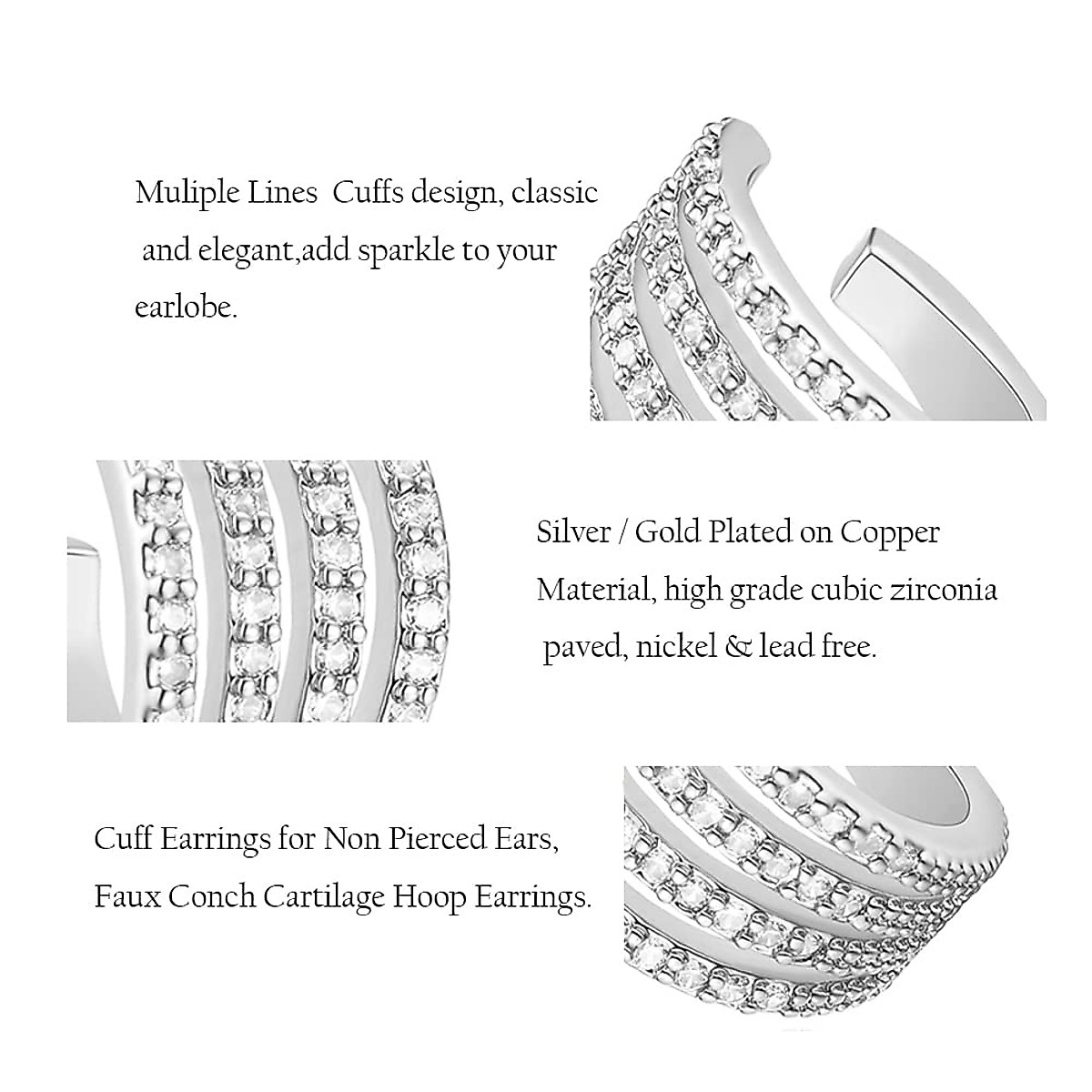 Lansora Cz Paved Stripe Ear Cuffs Multiple Lines Cubic Zirconia Non Pierced Cartilage Conch Cuff Earrings