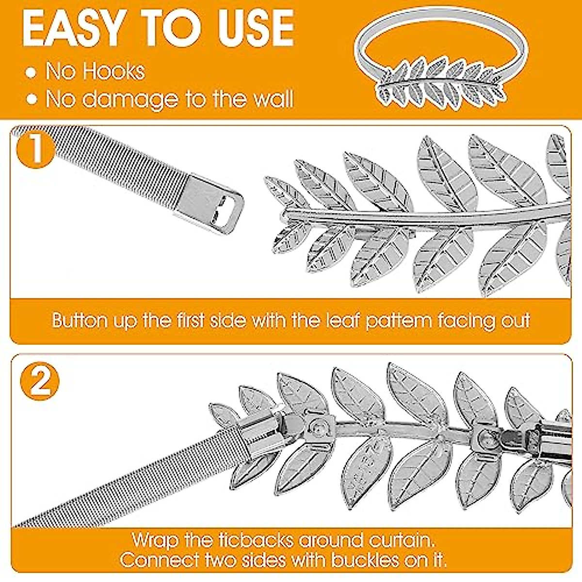 Amaxiu Curtain Tiebacks, 4 Pack Leaf Carving Design Curtain Holdback Adjustable Curtain Ties for Drapes Decorative Modern Style Curtain Drapery Wall Hooks Hanger Window Treatment Holdbacks(Silver)
