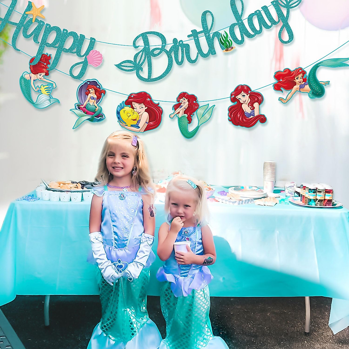 Little Mermaid Birthday Banner, Mermaid Ariel Birthday Banner, Mermaid Birthday Party Supplies Decorations for Girls Boys Birthday Party Baby Shower Cartoon Sign Decorations