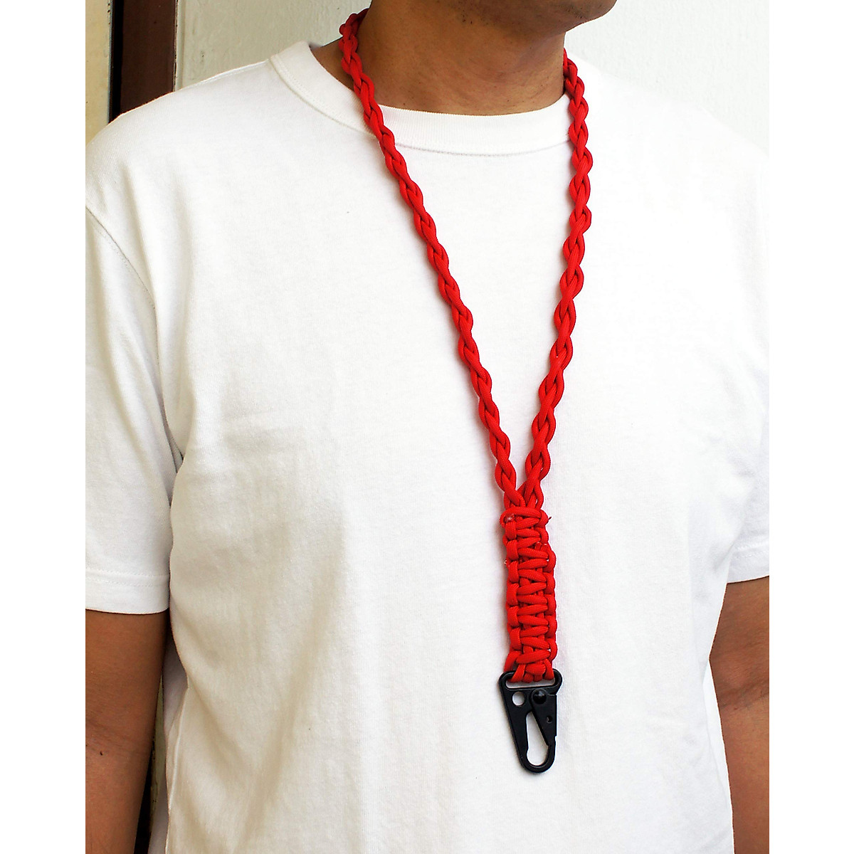 Military Grade Heavy Duty Paracord Lanyard Necklace Keychain Whistles Wrist Strap Parachute Rope Badge Cellphone Waterproof Holder Metal HK Clip Hook Outdoor Survival Men (Black)