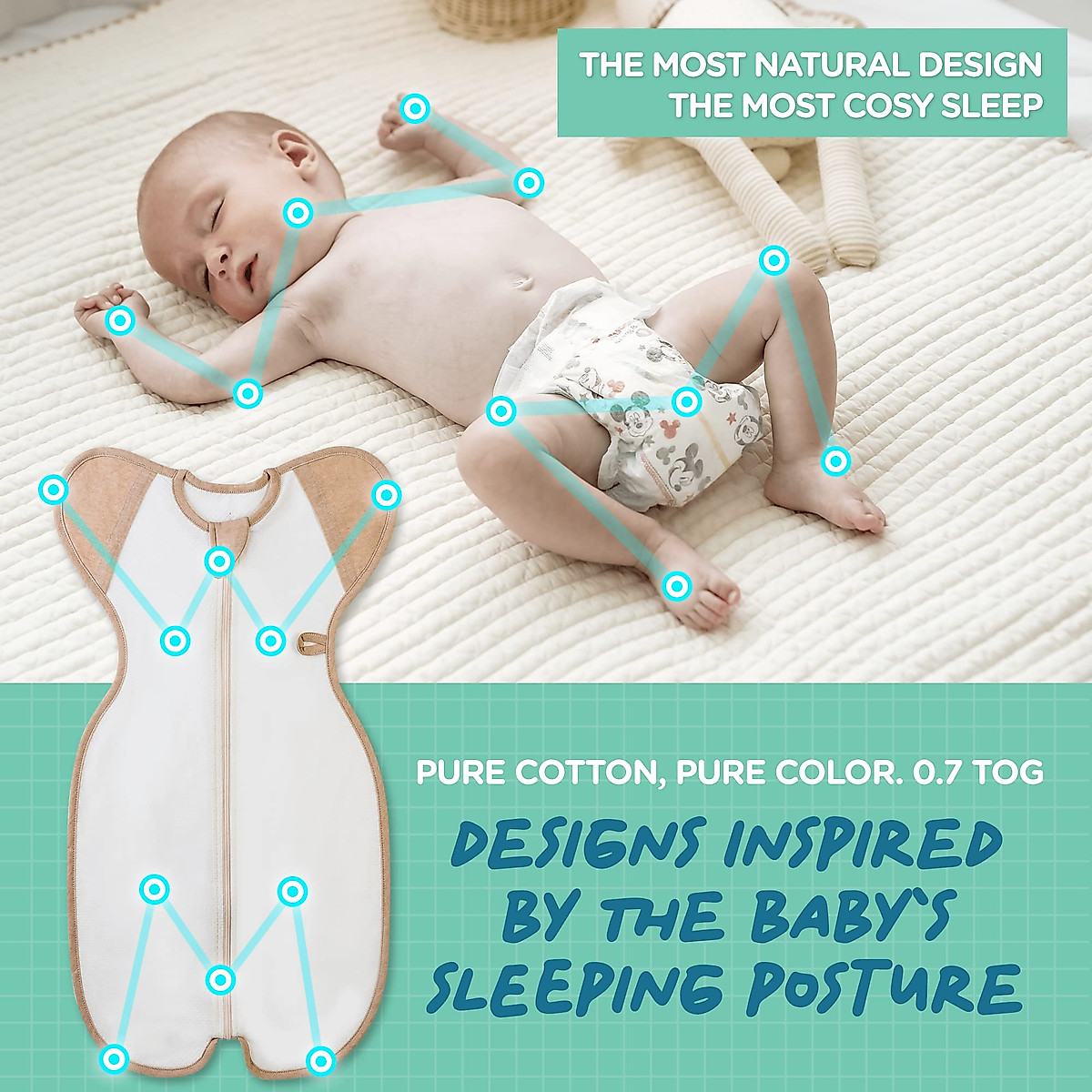 CCOCCOZAM Swaddle, 100% Organic, Air mesh, White, Large, 6-12 momths, 19-26 lbs, Transition Baby Sleep Sack Allow Your Baby to Sleep in a Preferred up-arm Position, Designed for Free Hand Movement