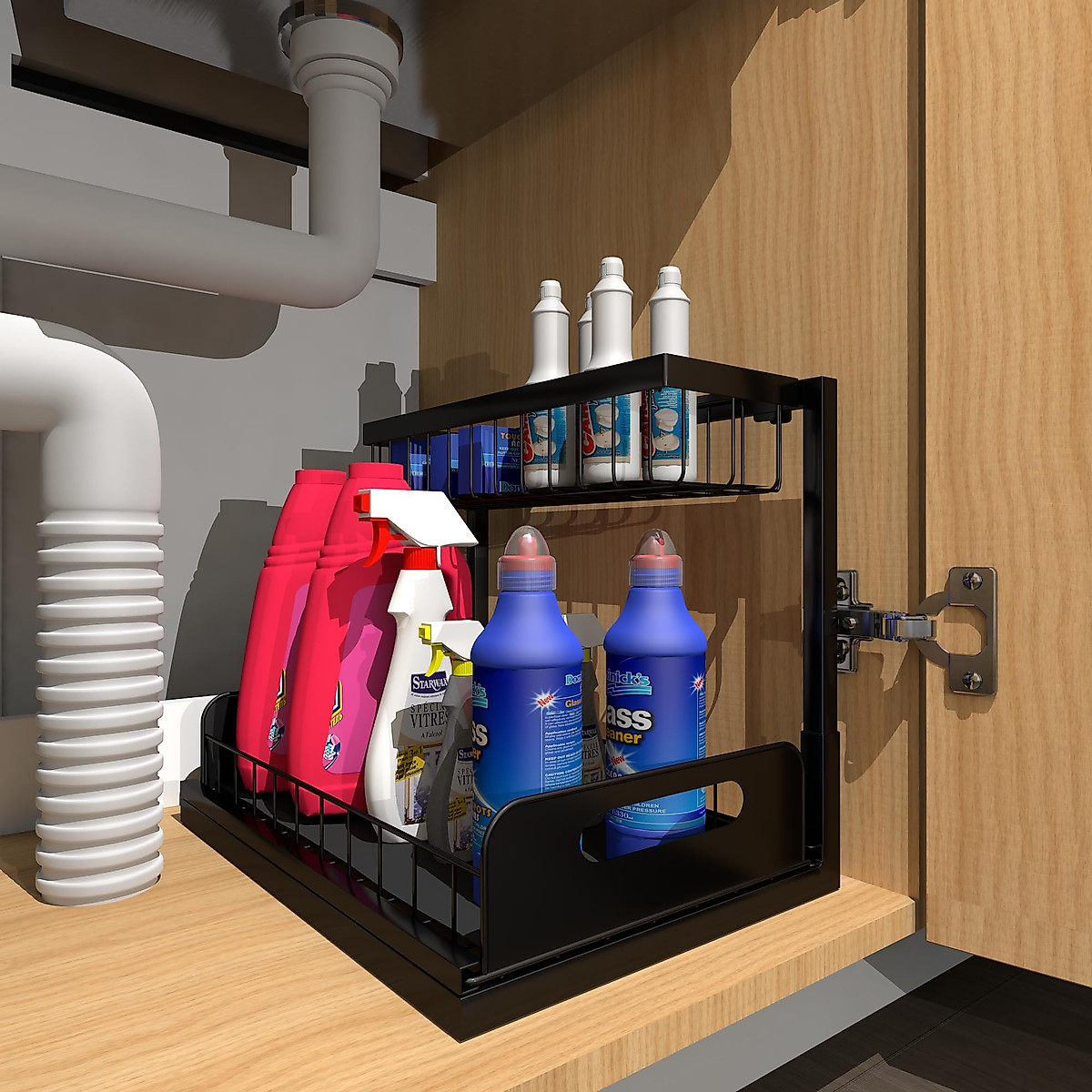 waoory Under Sink Organizer,2 Tier Pull Out L-Shape Cabinet Organizer Sink Shelf Cabinet Storage Shelves Multi-Purpose Sink Organizer for Bathroom Kitchen Drawer,Sturdy Metal,Black