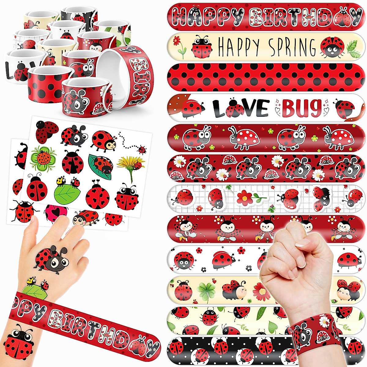 Cherisnowy 48 PCS Ladybug Party Favors 24PCS Tattoos Sticker 24PCS Slap Bracelets Wristbands Perfect for Themed Birthday Baby Showers or Classroom Rewards Ideal Decor and Gifts for Girls and Boys