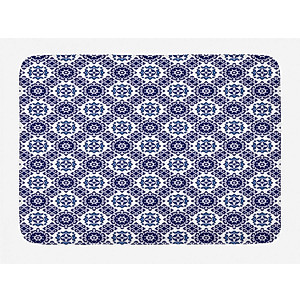 Mosaic Bath Mat, Geometric Rhombus Style Traditional Folkloric Moroccan Portugal Floral Tiles, Plush Bathroom Decor Mat with Non Slip Backing, 24" X 16", White and Indigo
