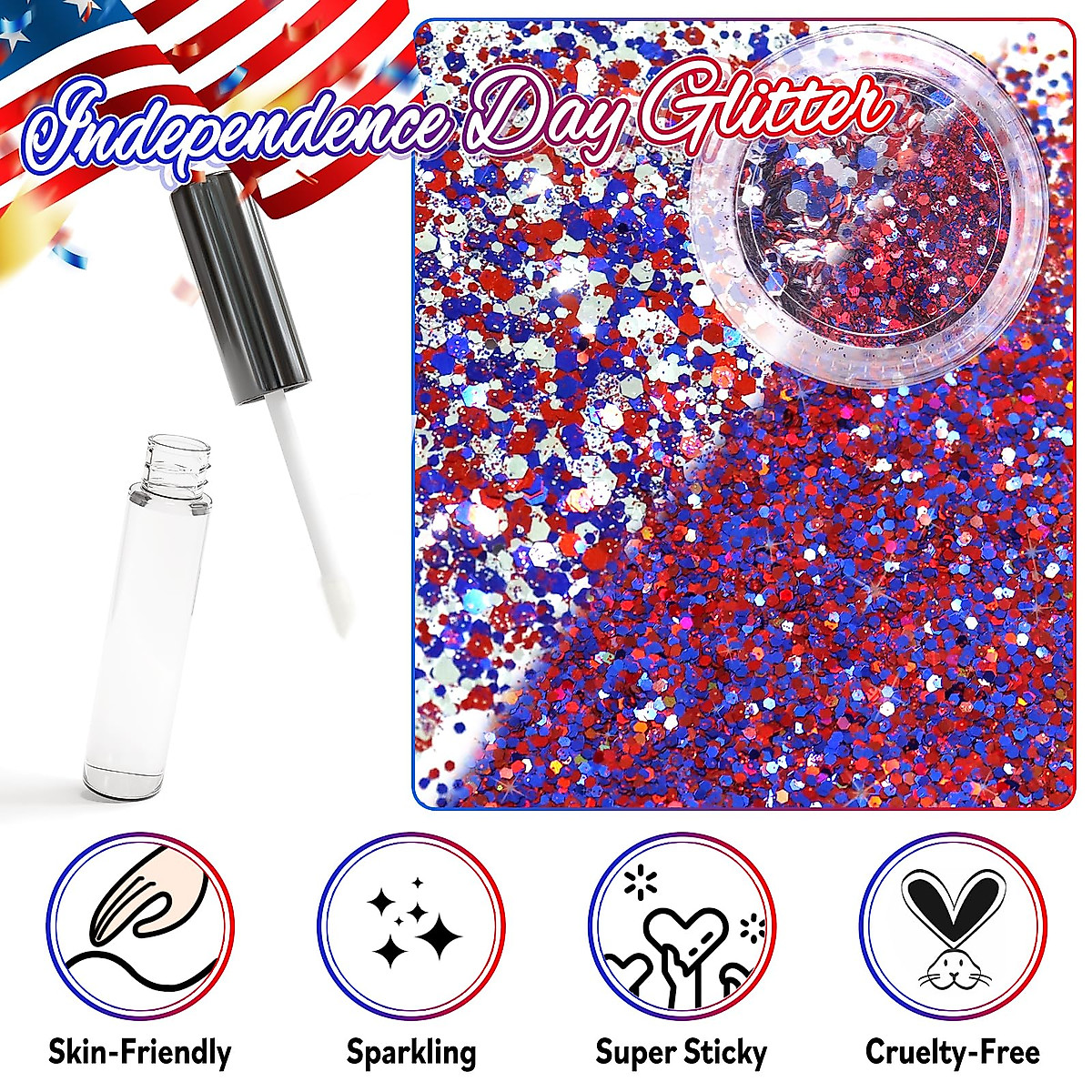 Laza Independence Day Body Glitter, 2 Jars Red Blue White Chunky Sequins with Glue Women Eyeshadow 4th of July Face Paint Festival Rave Outfit Hair Accessories Party Costumes – Circus Carnival