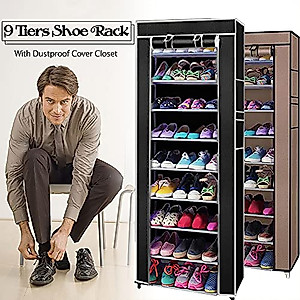 Mekek Black Shoe Rack, Free Standing Shoe Racks 9 Tier - Portable Row Shoe Rack Organizer Tower for Closet with Nonwoven Fabric Cover (Black)