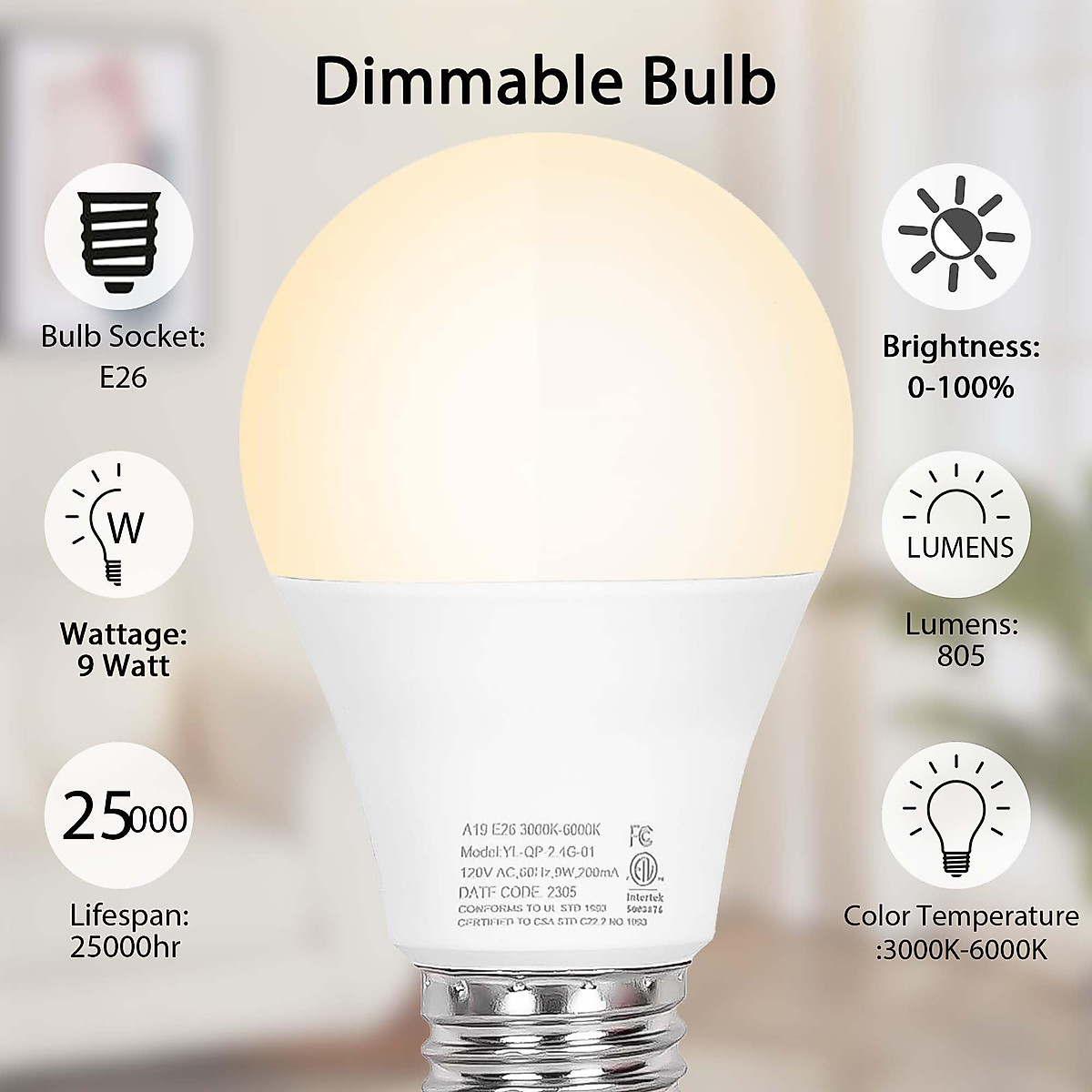 Odeums A19 LED Light Bulb with Remote Control, 9W (60W Equivalent) LED Bulbs,Stepless Dimmable 3000K-6000K,E26 Base,25000+ Hours Lifespan (1)