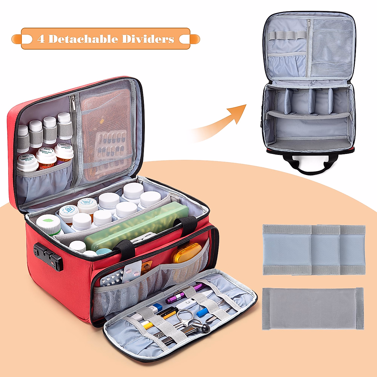 CURMIO Pill Bottle Organizer Bag with Lock, Medicine Organizer and Storage Case for Prescription Bottles, Empty First Aid Bag for Home and Travel, Red (Patented Design)