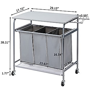 HollyHOME Laundry Sorter Cart with Iron Rack And Ironing Board Heavy Duty Side pull 3 Bags Classic Rolling Laundry Hamper Sorter 4 Wheels Grey