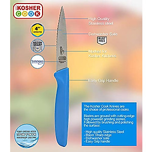 The Kosher Cook Dairy Blue Kitchen Knife - 4” Steak and Vegetable Knife - Razor Sharp Pointed Tip, Serrated Edge - Color Coded Kitchen Tools