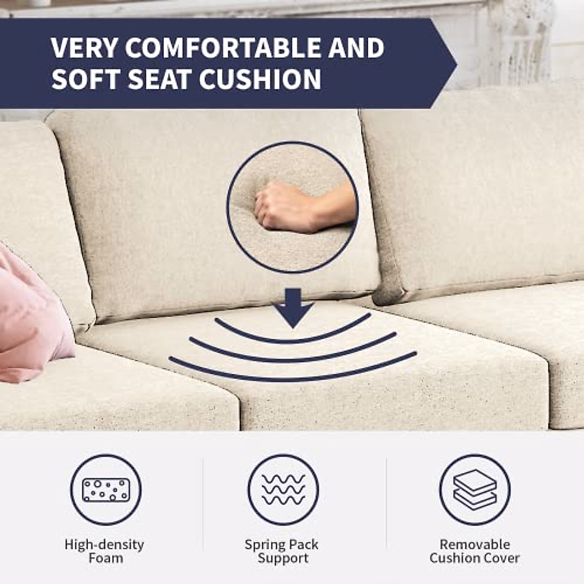 ZAFLY Convertible Sectional Sofa Couch with Movable Storage Ottoman, Linen 4 Seat L Shape Couch with Reversible Chaise, Living Room Sets for Office, Apartment (Beige)