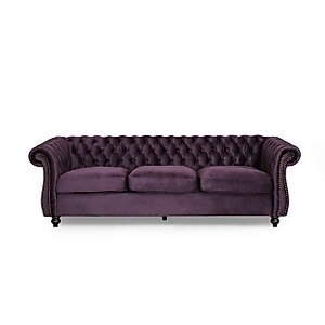 Great Deal Furniture GDFStudio Tufted Jewel Toned Velvet Sofa with Scroll Arms, BlackBerry