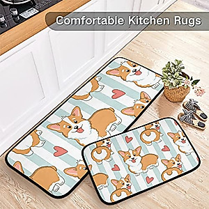 Emelivor Cute Corgi Kitchen Rugs and Mats Set 2 Piece Non Slip Washable Runner Rug Set of 2 for Floor Home Kitchen Laundry Decorative