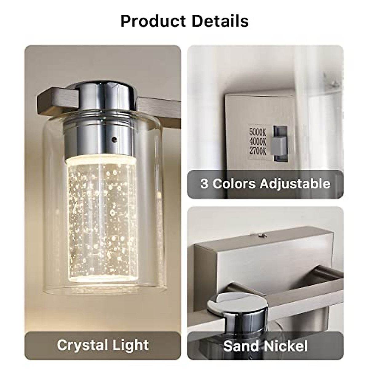 Eatich Bathroom Light Fixtures, Brushed Nickel Vanity Lights with Crystal Bubble Glass, Modern Bathroom Lights Over Mirror with Dimmable LED White/Neutral/Warm, 4-Light