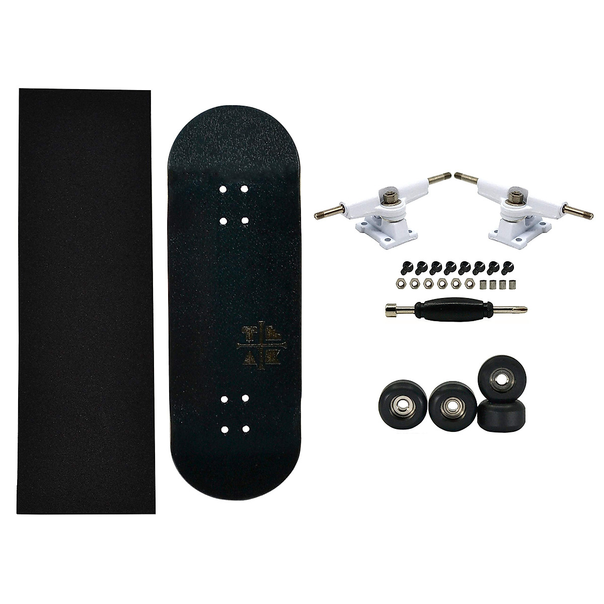 Teak Tuning Prolific Complete Fingerboard - Pro Board Shape and Size, Bearing Wheels, and Trucks - 32mm x 97mm Handmade Wooden Board - The Monochrome Edition