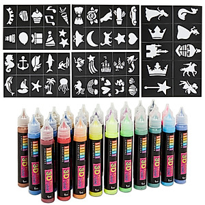 3D Fabric Paint 30 Colors with Sticker Stencils, Permanent Textile Paint Includes Neon, Metallic, Glitter for Clothing