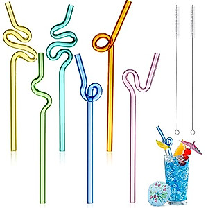 Yinkin 6 Pcs Wavy Glass Straws Reusable Curved Straw Shatter Resistant with 2 Cleaning Brushes Clear Silly High Borosilicate for Kids Adults Smoothies Juice (Colorful, 8 Inch)