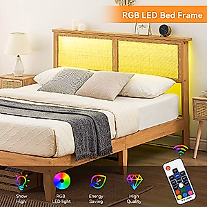 IDEALHOUSE Full Bed Frame with Natural Rattan Headboard, Platform Bed Frame Full Size with Storage Headboard, Mattress Foundation, Noise-Free, No Box Spring Needed