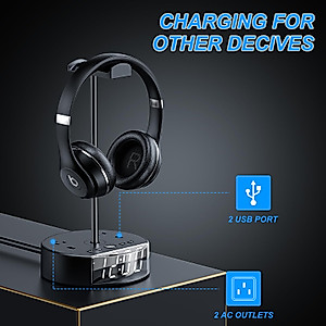 ZEAGUS Headphone Stand with Alarm Clock, Gaming Headphone Stand for Desk,Headphone Holder with 2 USB Charging Ports and 2 Power Outlets,Headset Stand Suitable for All Earphone Accessories