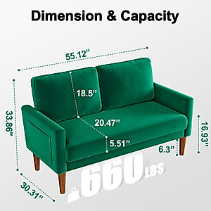 Loveseat Sofa, 55" Small Sofa Couch Mid Century Modern Velvet Couch for Small Spaces, Bedroom and Living Room, Removable Sofa Cover Spring Cushions and Solid Wood Frame, Easy to Install, Green