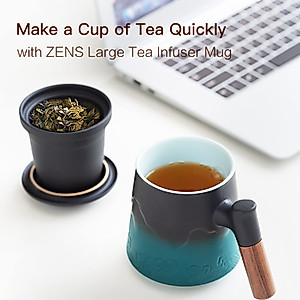 ZENS Tea Cup with Infuser and Lid, Wood Handle Loose Leaf Tea Steeper Mug, 15.2 Ounces Gradient Embossed Ceramic Tea Strainer Mug for Gifts, Black&Green