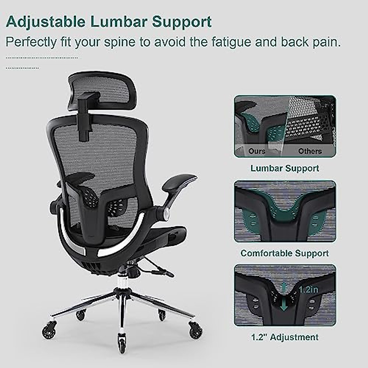 Ergonomic Mesh Office Chair, Home Office Desk Chairs with Adjustable Backrest, High Back Computer Desk Chair with Adjustable Headrest and Flip-Up Arms, Swivel Task Chair (Black)