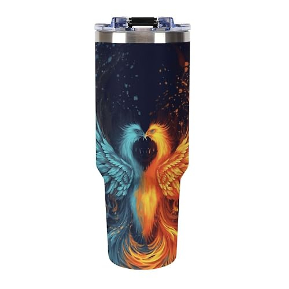 40 Oz Vacuum Tumbler with Light Rose Red Handle Leakproof Insulated Tumbler Fire And Water Phoenix Stainless Steel Travel Mug with Lid And Straw Coffee Cup Cute Water Bottles Cup Holder Friendly