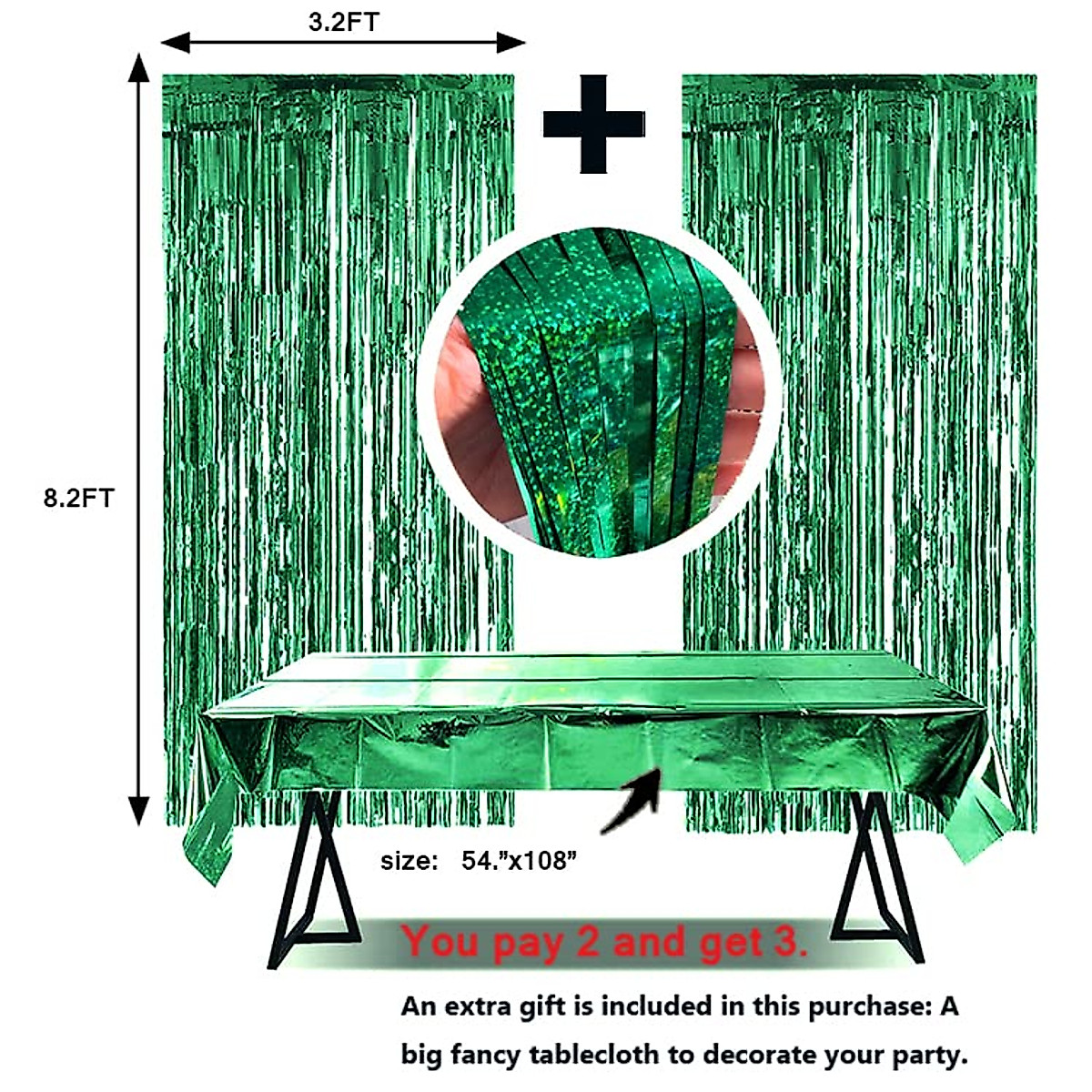 2 Pack Green foil Fringe Curtains 3.2 ft x 8.2 ft + 1 Pack Tablecloth 54” x108 for Birthday Wedding Christmas Bridal Shower Bachelorette Holiday Party Backdrops Photo Booth Props (Green)