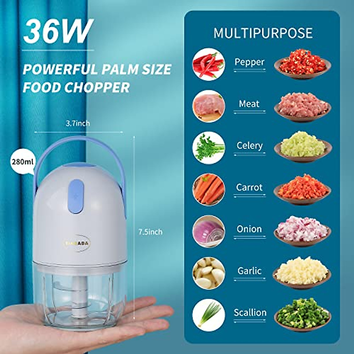 TIKBABA Electric Food Processor,Chopper vegetable cutter,Garlic Grinder with 3 stainless steel blades,Large Power Battery(Blue)