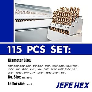 JEFE HEX 115 PCS HSS Cobalt Drill Bit Set, Twist Jobber Drill Bits Set, 135-Degree Split Point, Fractional 1/16"-1/2", Letter A - Z, Wire #1 - #60 with Metal Indexed Storage Case