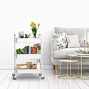 CAXXA 3-Tier Rolling Metal Storage Organizer - Mobile Utility Cart Kitchen Cart with Caster Wheels, White