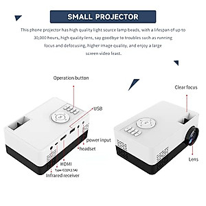 Mini Portable Projector, 1920x1080P, 800:1 LED Mini Projector with 30000H Lamp Life and HDR High Dynamic Technology, Movie Projector for U Disk, Computer, DVD, etc.(US-Plug)