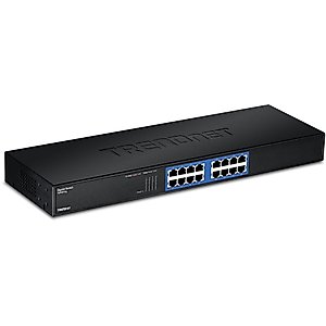 TRENDnet - TEG-S16G 16-Port Unmanaged Gigabit GREENnet Switch, TEG-S16G, 16 x RJ-45 Ports, 32 Gbps Switching Capacity, Fanless, Rack Mountable, Network Ethernet Switch, Lifetime Protection Black